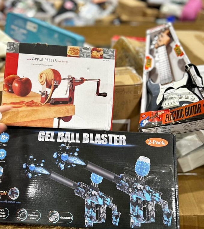 Kitchen gadgets meet summer fun in this bin of random joy. An apple peeler shares space with gel blasters—the definition of unexpected pairings.