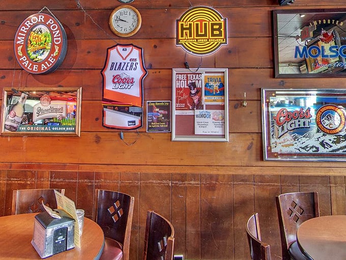 Wall decorations tell stories of Portland's past – from Blazers memorabilia to vintage beer signs that have watched the neighborhood evolve.
