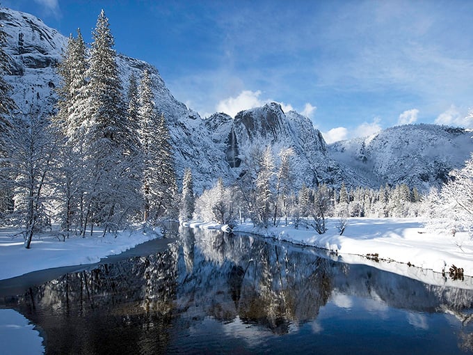 Yosemite in winter—just a short drive from Merced—where Mother Nature's most spectacular show doesn't check your bank balance before letting you in.