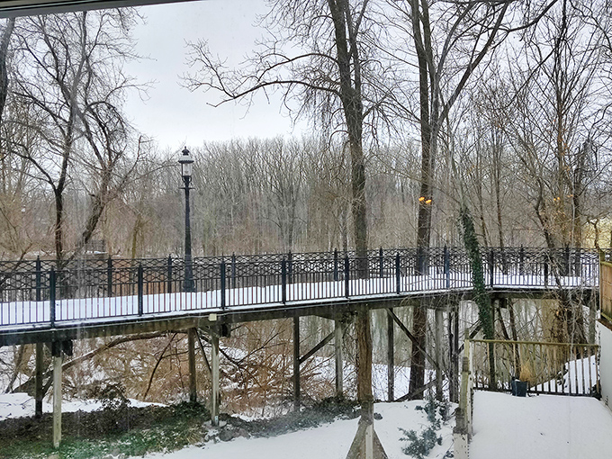 Winter transforms Allegan's pedestrian bridge into something from a holiday card – proving Michigan knows how to make even cold look inviting.
