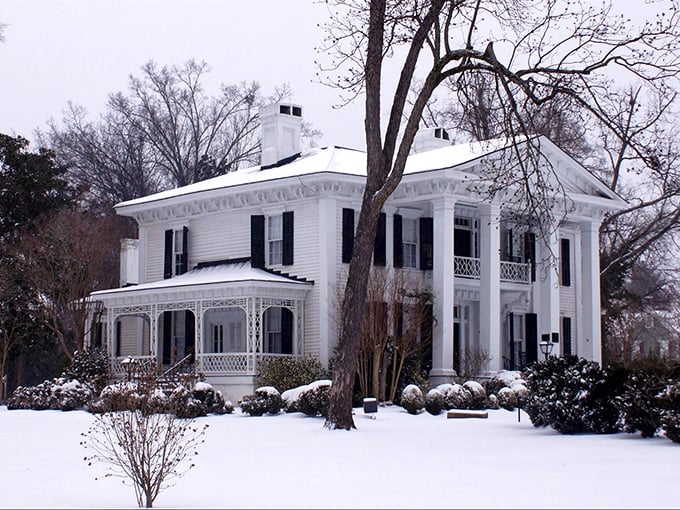 Even under a blanket of snow, Abbeville's historic homes maintain their dignity, like Southern matriarchs who refuse to let a little weather cramp their style. 