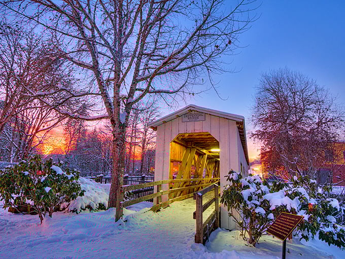 Covered bridges in winter snow look like they've escaped from the most perfect holiday card you've ever received.