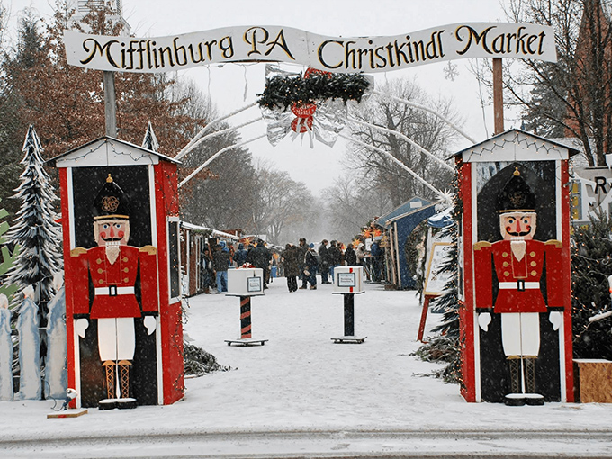 The entrance to Mifflinburg's Christkindl Market welcomes visitors with nutcracker sentries and the promise of holiday treats that put mall Santas to shame.