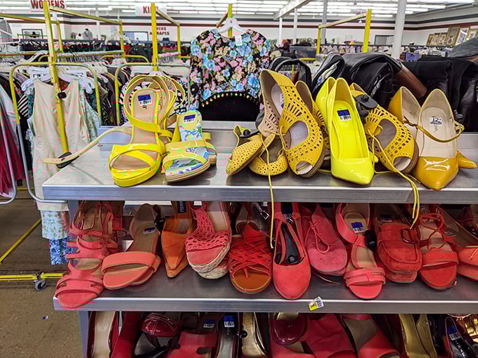 A sunshine explosion of yellow and coral footwear. These shoes weren't made for walking—they were made for turning heads at a fraction of retail.
