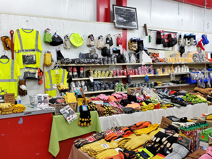 Work gloves and safety vests galore – because sometimes the best flea market find is the practical gear you need for next weekend's DIY project.