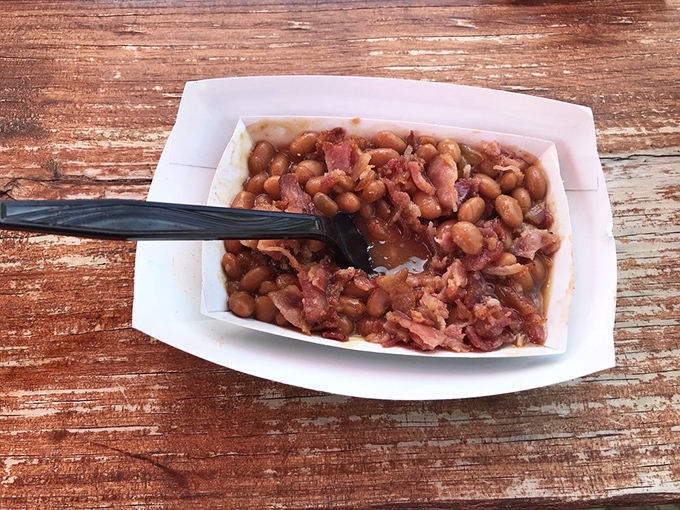 Baked beans with bacon bits—the unsung hero of the picnic table, bringing smoky sweetness to complement every hot dog adventure.