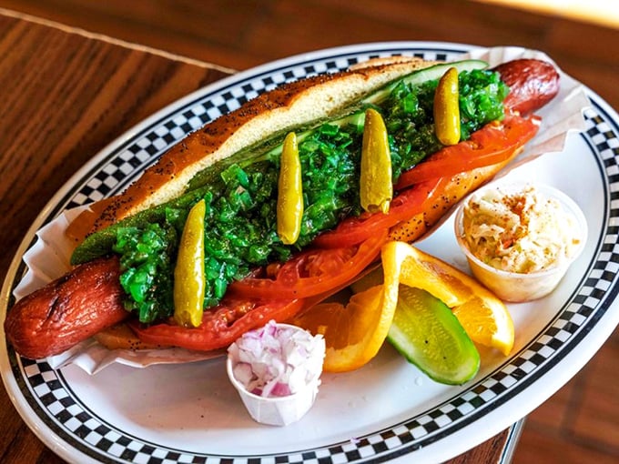 This isn't just a hot dog—it's a Chicago diplomat visiting Florida, dressed in its finest pickle spear and sport peppers.