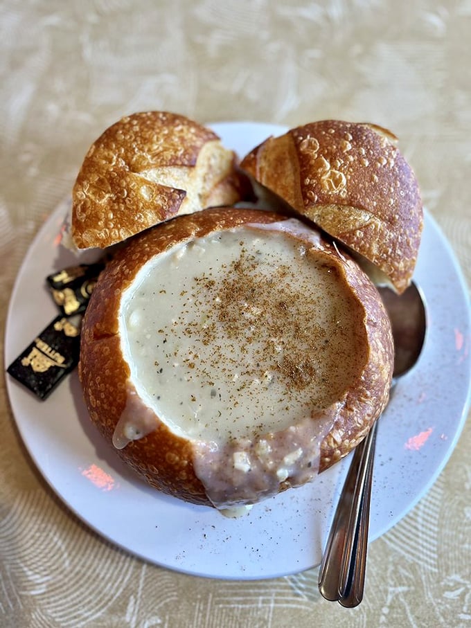 Not just clam chowder—a sourdough bread bowl of creamy coastal comfort that makes rainy days something to look forward to.