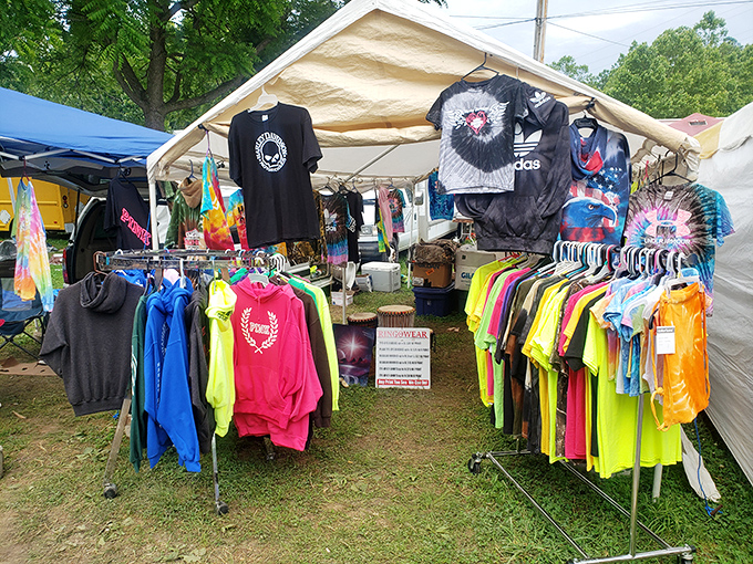 A rainbow explosion of casual wear for every taste. From tie-dye to neon, these racks offer fashion statements that range from whispers to shouts.