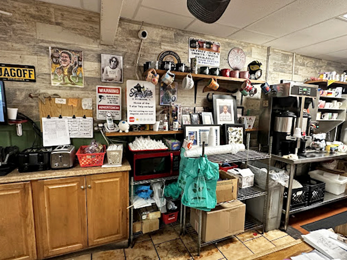 Every great diner has a wall of memories. The coffee station doubles as a museum of local history and quirky collectibles.