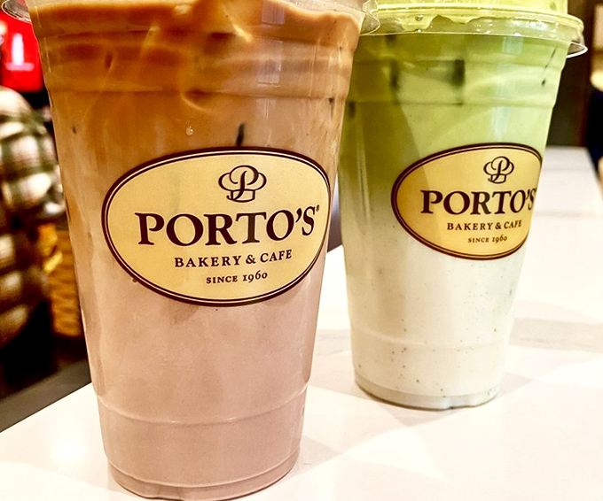 Porto's signature drinks—one chocolatey, one green tea—standing at attention like delicious soldiers ready for the battle against afternoon slumps.