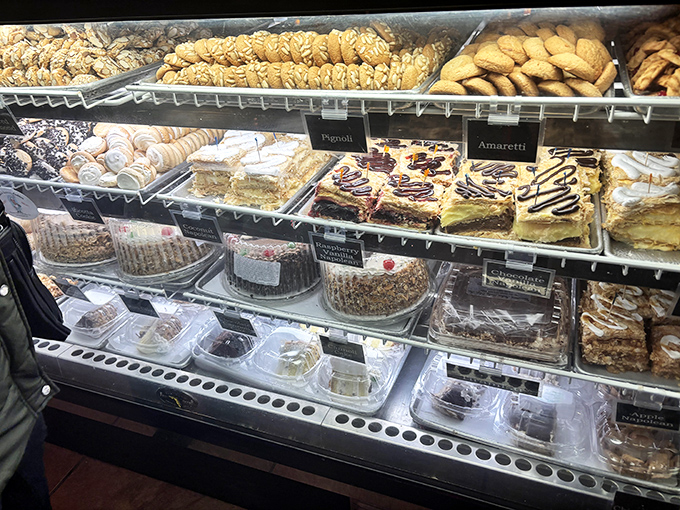 The pastry case displays its treasures like a museum of edible art, each shelf a different gallery of Italian sweet mastery.