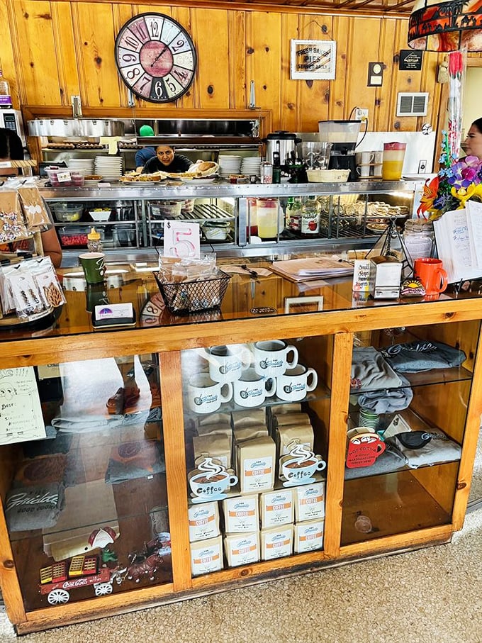 Behind every great diner is a counter filled with homemade treasures. Those coffee mugs aren't just merchandise—they're souvenirs of happiness.