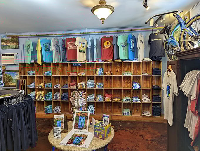 A rainbow explosion of T-shirts and souvenirs—because sometimes you need to take a piece of Blue Heaven home with you.