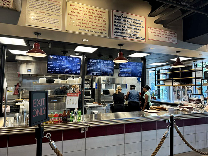 Where the magic happens – Faidley's kitchen and counter service area, where seafood dreams are fulfilled with assembly-line efficiency.