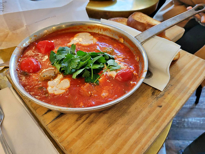 Shakshuka that sings with flavor—eggs poached in a tomato symphony that would make Mozart put down his fork and pick up his pen.