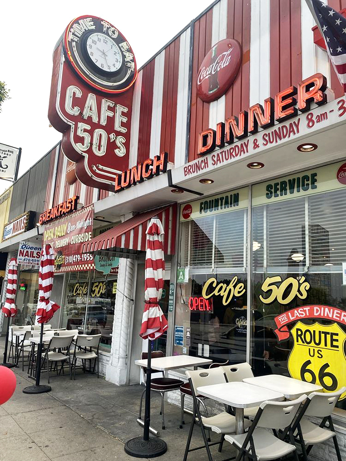 Even the outdoor seating keeps the time warp going. Route 66 signage reminds you—this journey's about more than just food.