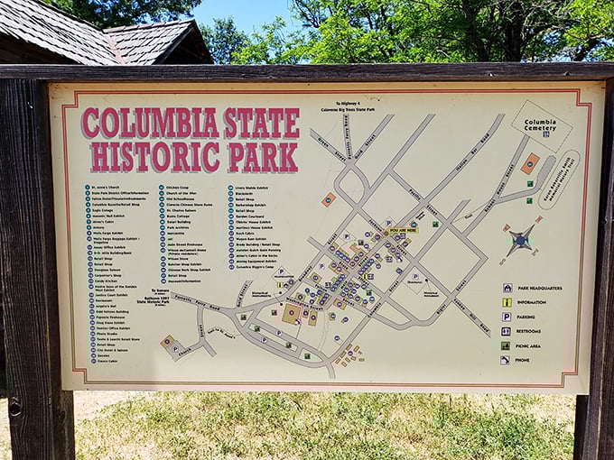 This detailed park map reveals Columbia's impressive scope – an entire town preserved rather than a mere building or two.