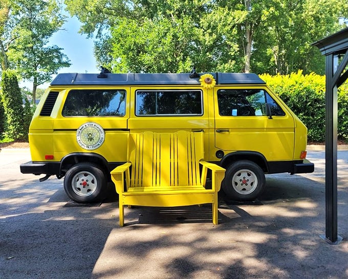The cheerful yellow VW van and matching chair create the perfect photo opportunity for those who want proof they discovered breakfast paradise.