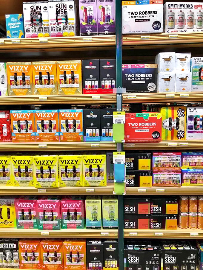 Hard seltzer headquarters! The wall of Vizzy, Two Robbers, and other trendy tipples proves that even grocery stores can keep up with drinking trends.