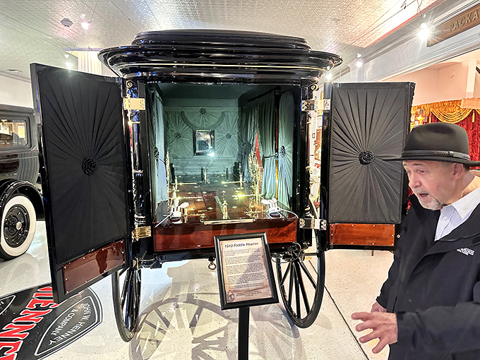 Peek inside this Riddle hearse and you'll see the elaborate interior designed to display the casket during processions—the Victorian equivalent of today's livestreamed services.