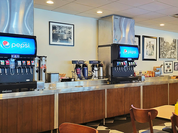 The soda fountain station – because washing down a sandwich the size of your head requires serious beverage strategy.