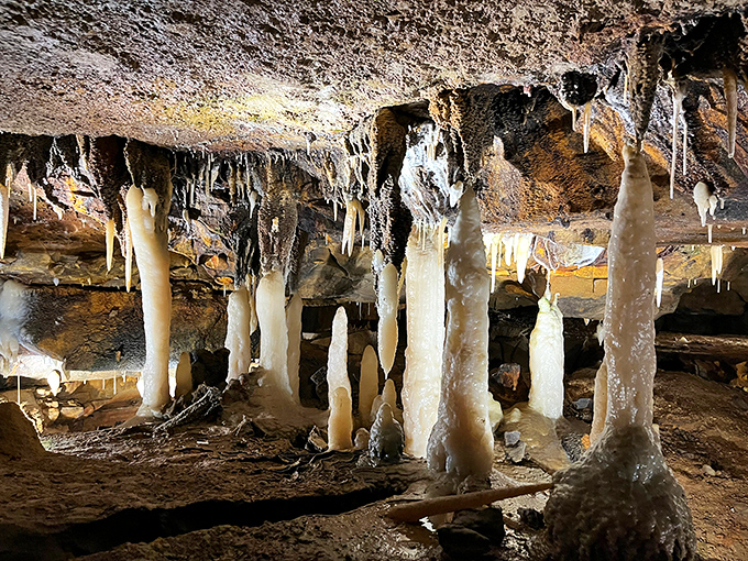 The ultimate meet-cute: stalactites and stalagmites reaching toward each other over millennia, showing that good relationships just need time and chemistry.
