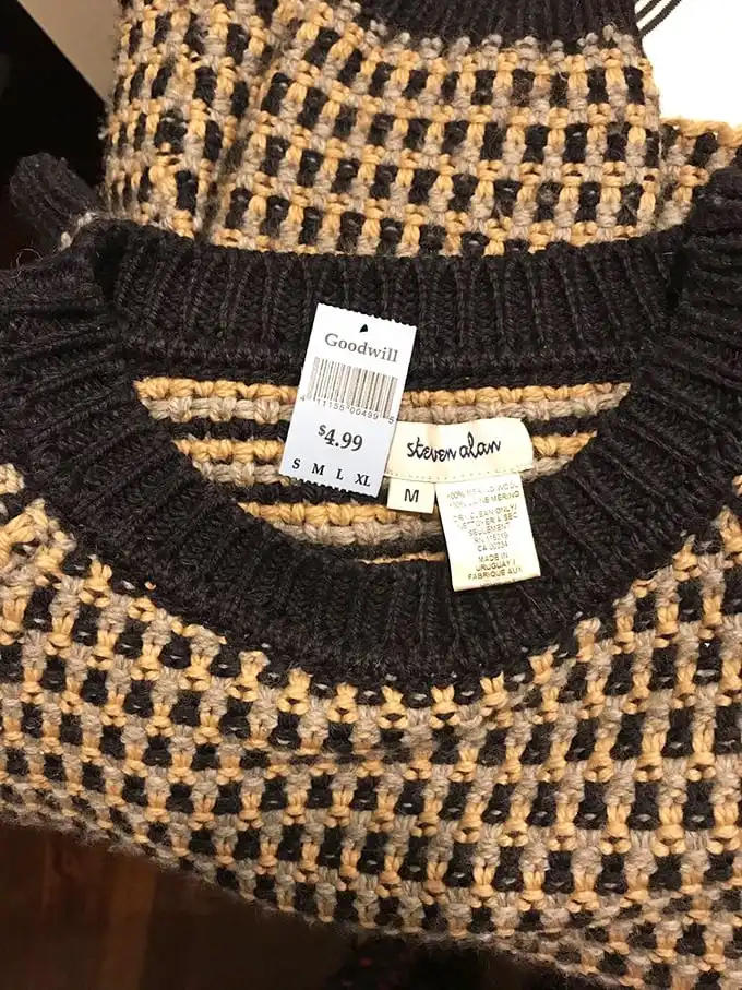 A Steven Alan sweater with original tags still attached—the thrifting equivalent of hitting a home run on your first swing.