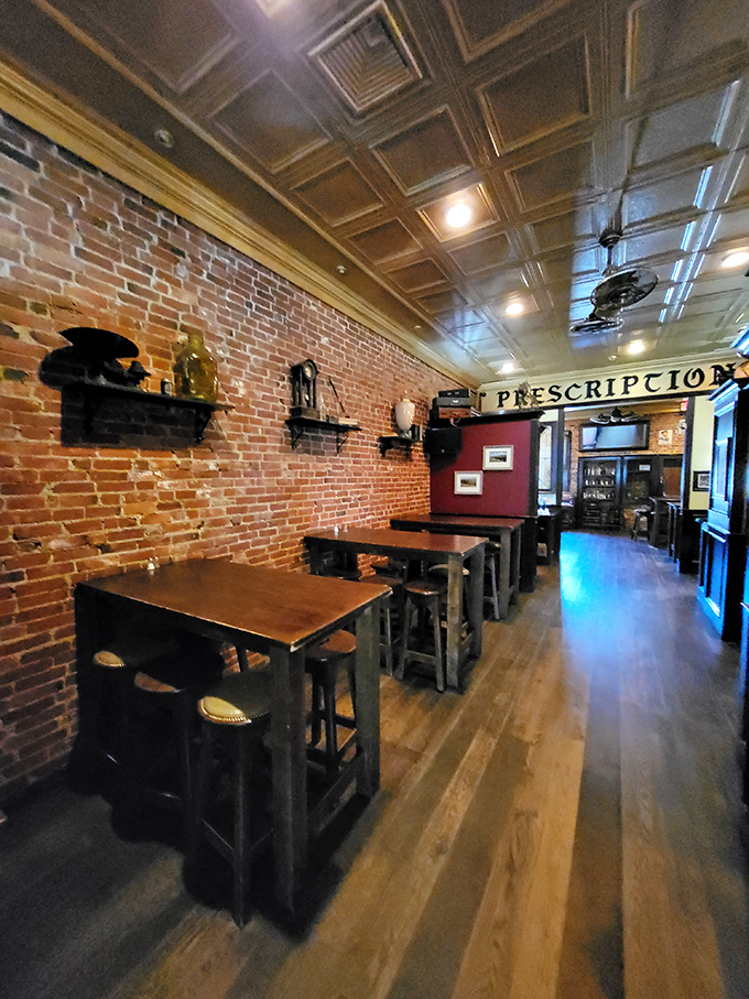 The "Prescription" sign hanging above these tables suggests the only medicine you need might be a good meal in good company.