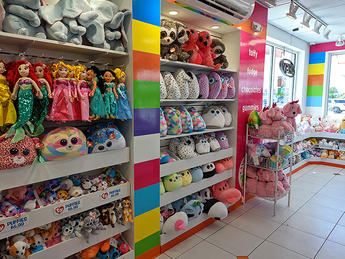 A rainbow wall of toys and plushies – the strategic diversification for when you need more than just sugar.