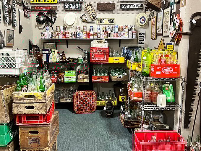 License plates and vintage bottles create a man-cave paradise—proof that one generation's recycling is another's treasure trove. 