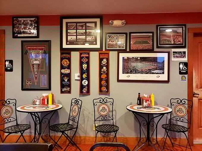 Not just decoration—a shrine to Buckeye Nation. These bistro tables have witnessed more game day celebrations than most stadiums.