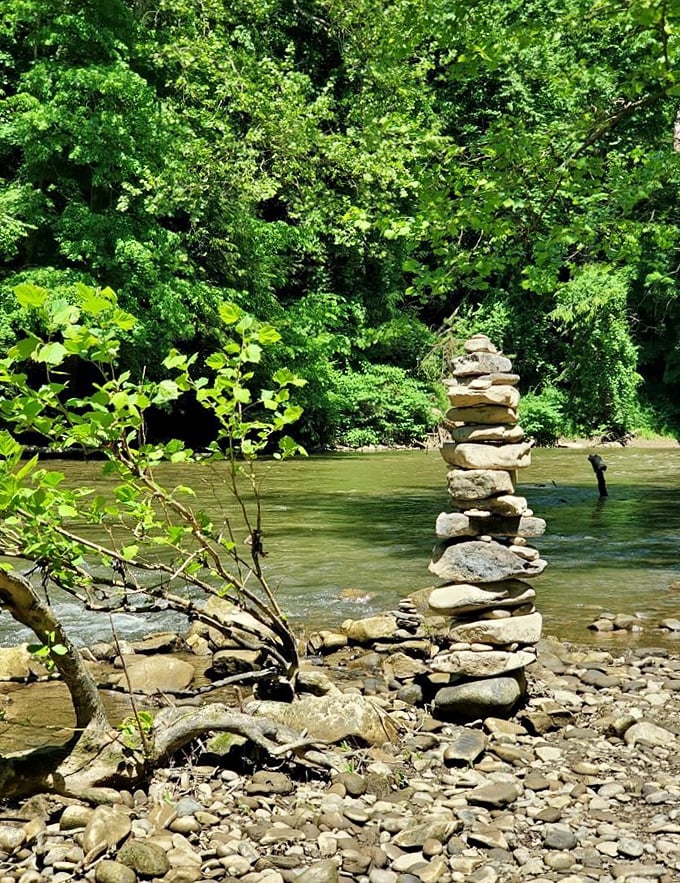 Stone stacking along Slippery Rock Creek—where visitors create temporary sculptures that say "I was here" without a single Instagram hashtag.