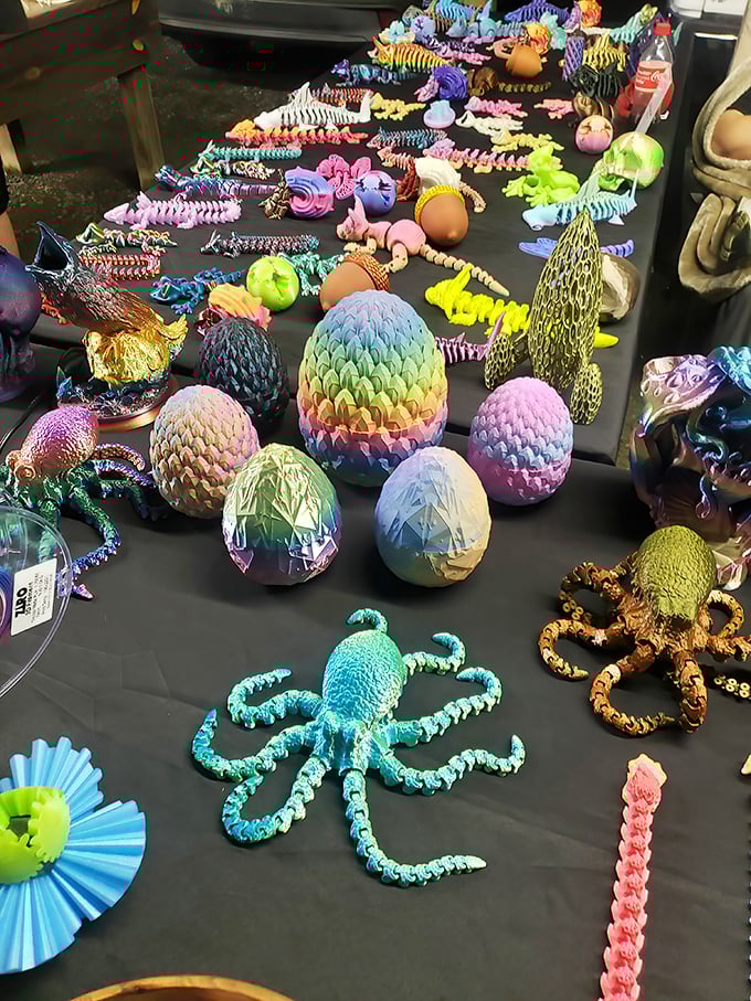 Colorful 3D-printed creatures showcase how modern technology meets traditional market culture, with rainbow-hued dragon eggs and octopuses that never saw the sea.
