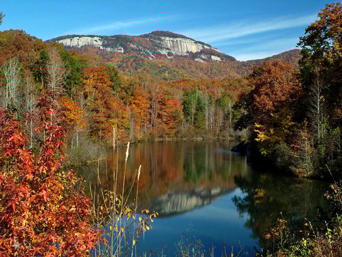 Fall's fiery display reflects perfectly in still waters near Gaffney, creating nature's version of a double feature that even IMAX can't compete with.