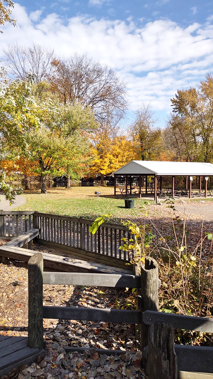 Fall foliage creates nature's perfect backdrop for a picnic pavilion – where autumn's palette turns an ordinary park day into a seasonal celebration.