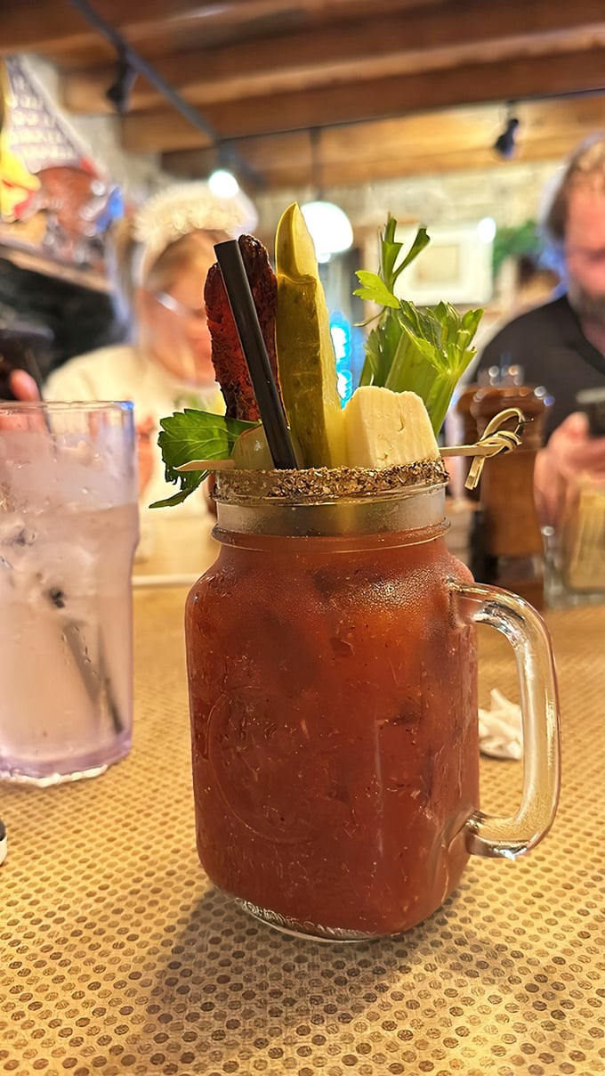 A Bloody Mary that doubles as a salad bar. With garnishes standing at attention like this, your daily vegetable intake is practically guaranteed.