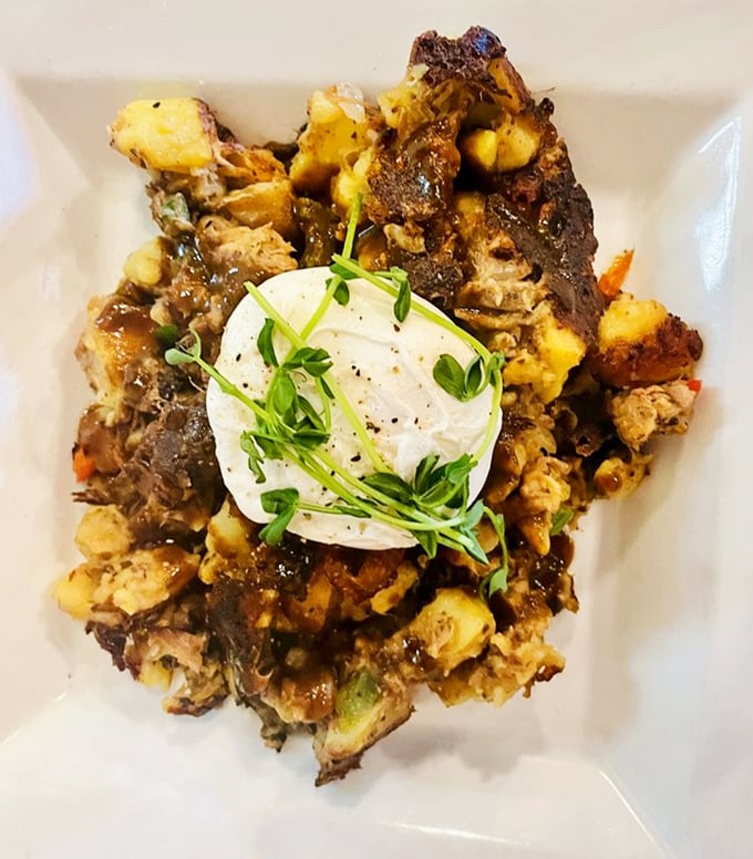 Brisket hash topped with a poached egg that's waiting to release its golden treasure. When breakfast and dinner have a delicious identity crisis.