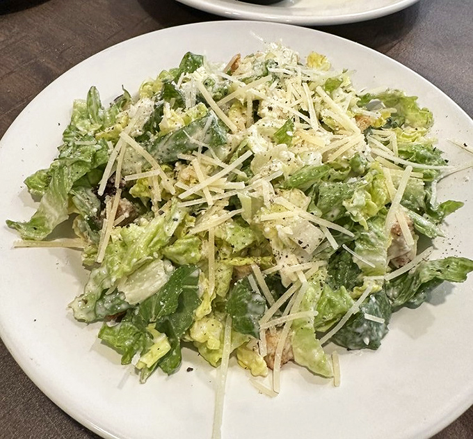 A Caesar salad that respects the classics—crisp romaine, generous Parmesan, and just the right amount of dressing. Sometimes tradition doesn't need reinvention.