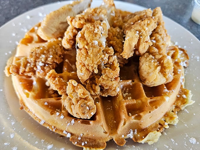 Chicken and waffles – that perfect marriage of sweet and savory where crispy, golden-fried chicken meets fluffy waffle in breakfast harmony.