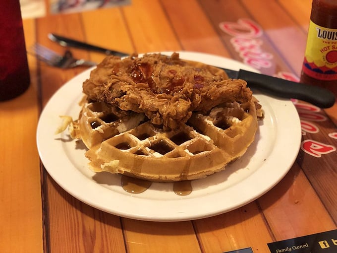 Chicken and waffles—the breakfast equivalent of a power couple. That golden waffle grid creates perfect pockets for capturing maple syrup treasure.