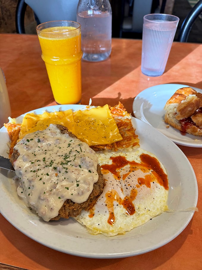 Country-fried steak smothered in gravy with eggs and hash browns—the breakfast equivalent of a warm hug from your favorite aunt.
