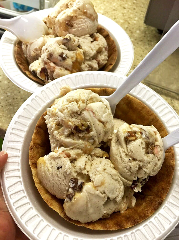 Cinnamon, caramel, and pecans dance together in this waffle bowl like they've been practicing the choreography for years—a perfect harmony of flavor and texture.