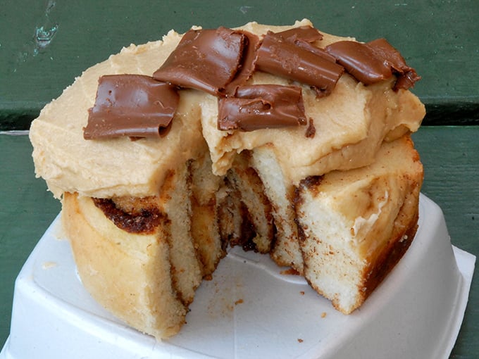 Peanut butter icing and chocolate shavings elevate this cinnamon roll to rock star status. Elvis would approve of this combination. 