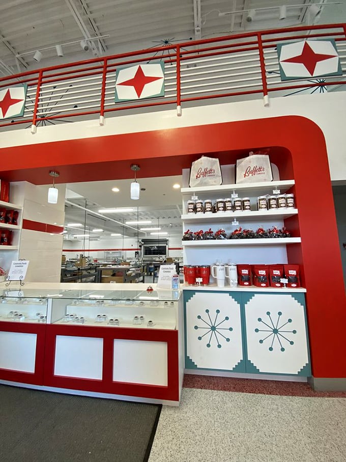 The counter's mid-century starburst pattern feels like candy's answer to atomic age design – explosive flavor contained in perfect geometric harmony.
