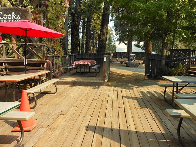 Al fresco dining among the pines. The wooden deck offers nature's soundtrack with your sandwich—birds chirping, not phones pinging.