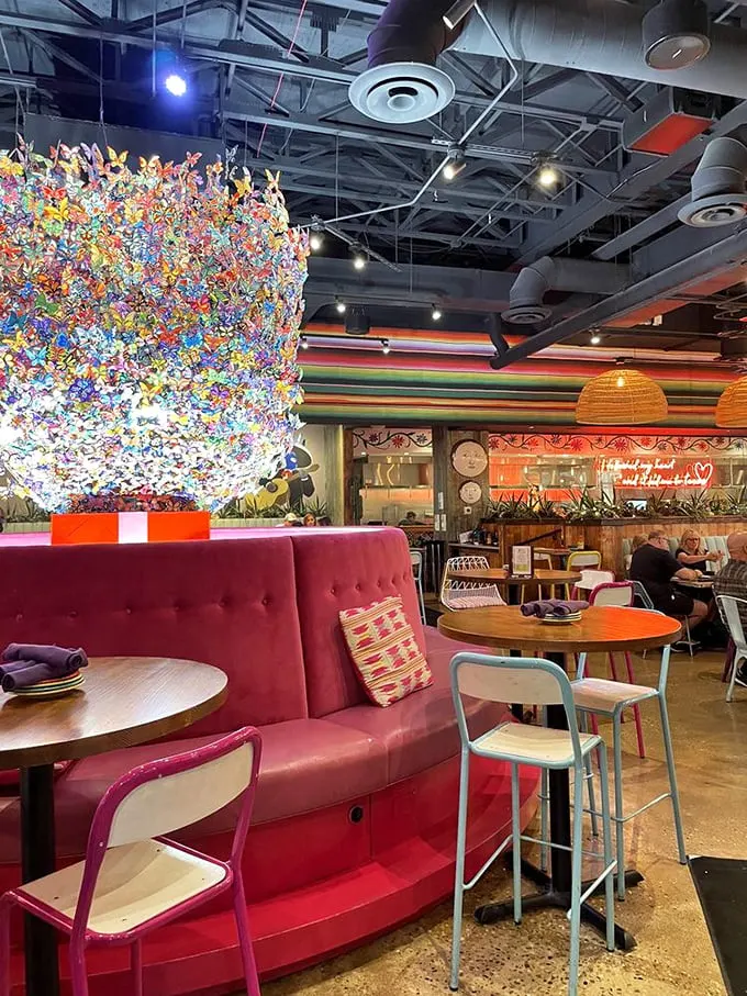 That explosion of color isn't just art—it's a conversation starter. Fat Rosie's knows ambiance is as important as the food itself.