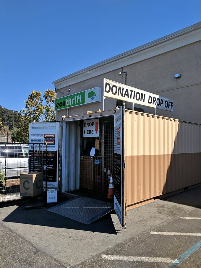 The donation drop-off where yesterday's clutter becomes tomorrow's treasure in this endless retail cycle.