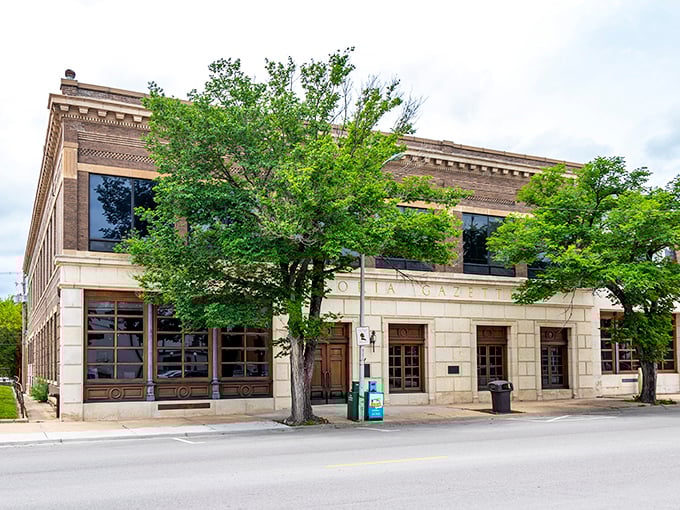 The Emporia Gazette building carries the legacy of William Allen White. Local journalism lives on behind these stately limestone walls.
