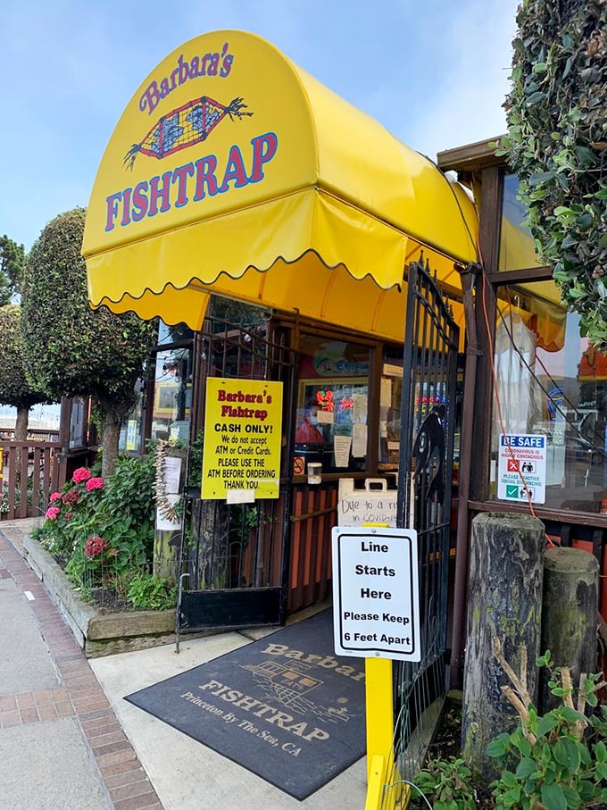 The bright yellow awning serves as a beacon for seafood pilgrims. The "Cash Only" sign isn't an inconvenience—it's part of the authentic experience.